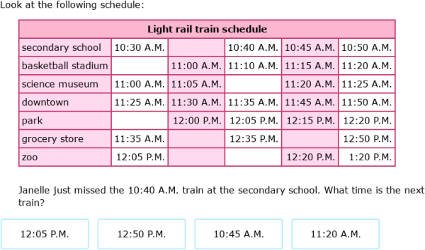 IXL | Transportation schedules - 12-hour time | Grade 4 math