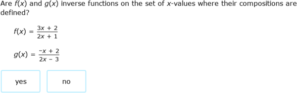 IXL | Check whether two rational functions are inverses | Grade 12 math