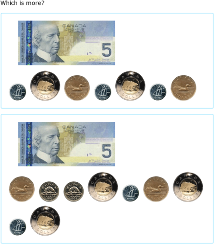 IXL | Which picture shows more?: up to $5 bill | Grade 3 math