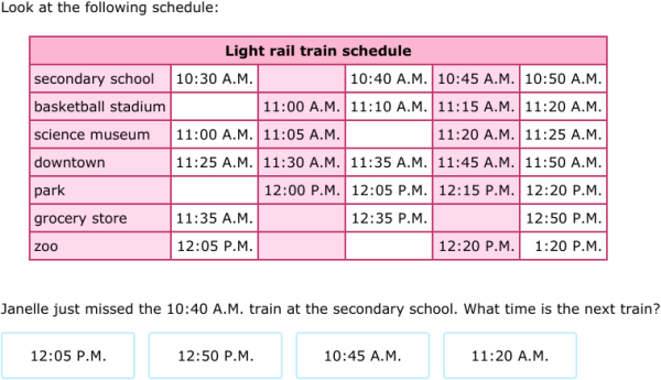 IXL | Transportation schedules - 12-hour time | Grade 4 math