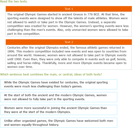 IXL | Combine main ideas from two texts | Grade 5 English language arts