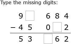 IXL | Subtraction: fill in the missing digits | Grade 4 math