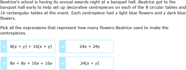 IXL | Identify equivalent linear expressions: word problems | Grade 8 math